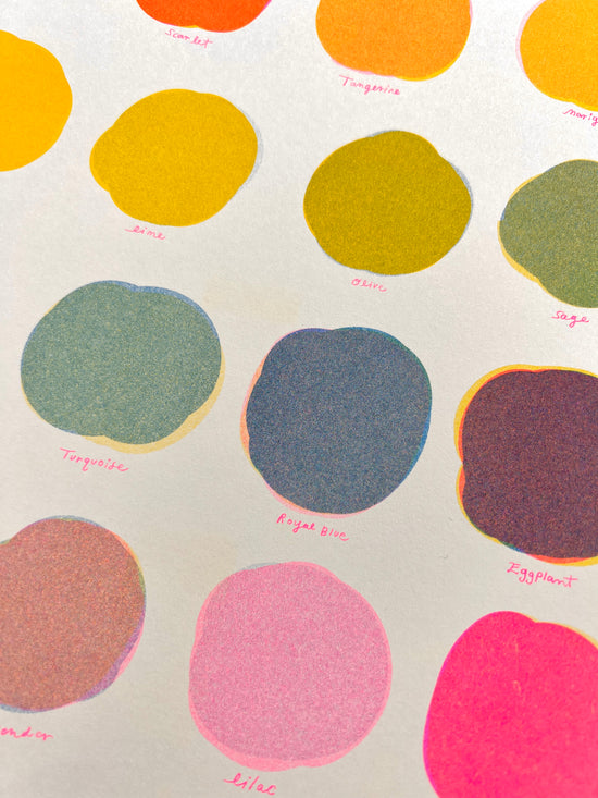 Riso Color Swatch in Blue, Yellow and Fluorescent Pink – natalie andrewson